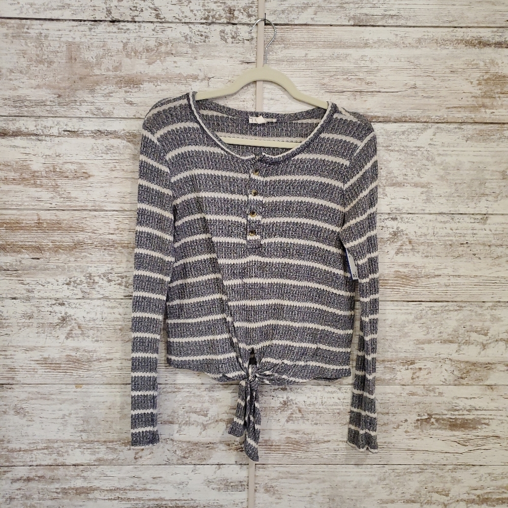 Day To Day Gray Stripped Tie Front Sweater - Gem